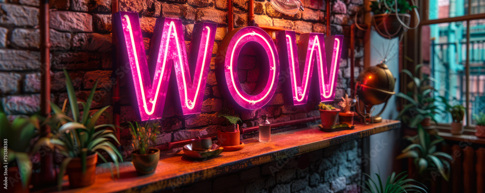 Striking WOW neon sign in bold pink and purple hues mounted on a brick ...