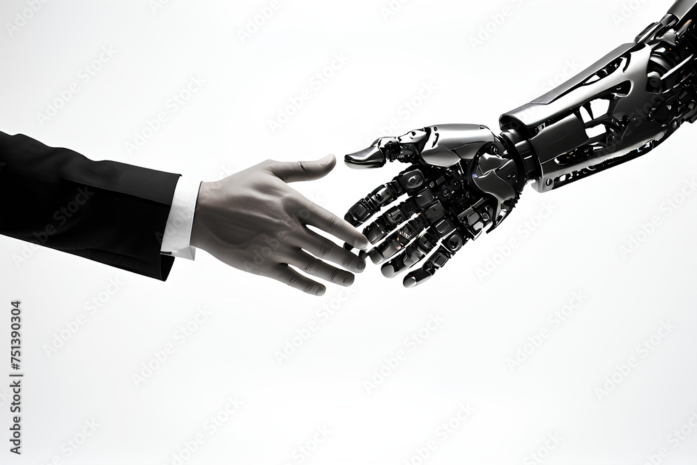 Handshake between human and robot in a research lab, working together ...