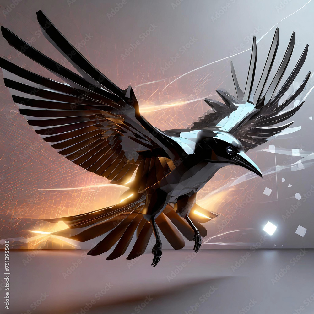 Black Raven in flight, highly detailed, intricate geometric shapes and ...