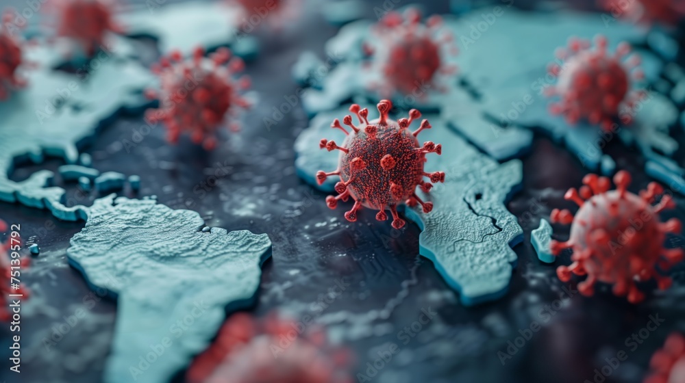 Virus Model. Detailed 3D model of a virus over a world map, symbolizing ...