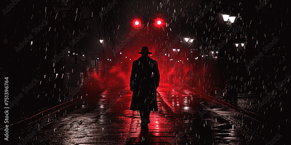 silhouette of back of a dangerous male murderer rapist in a hat and ...