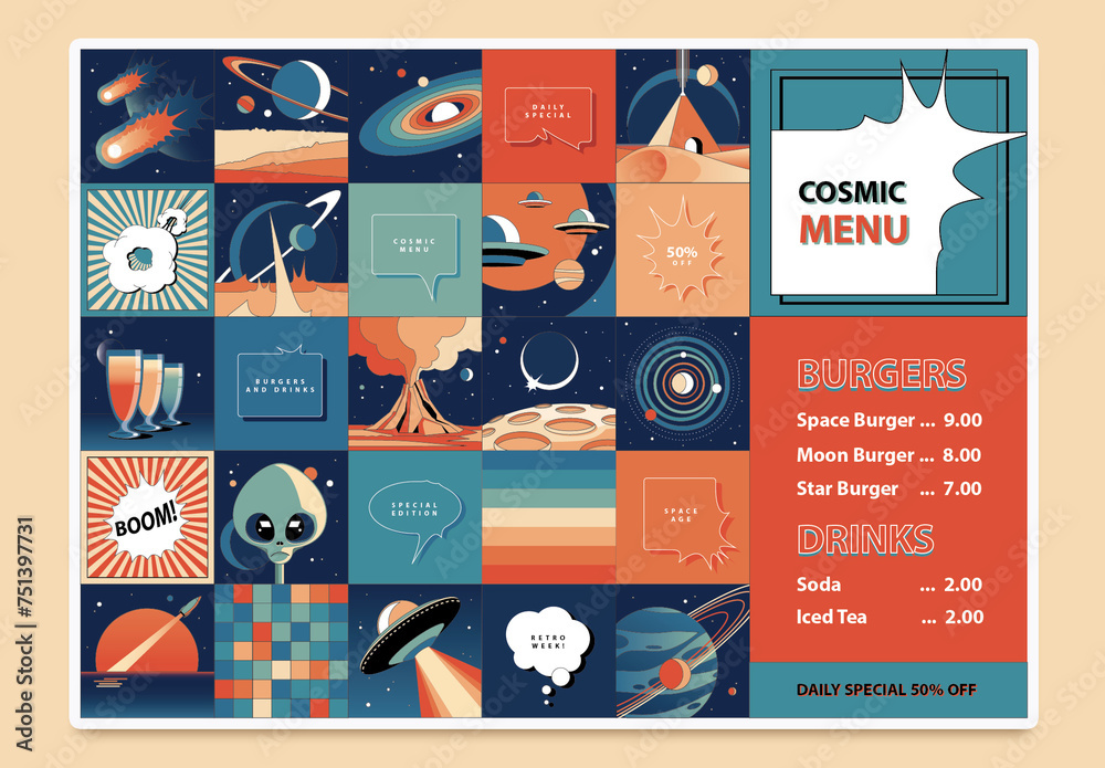 Retro Diner Restaurant Menu Template in Space Theme Stock Template ...