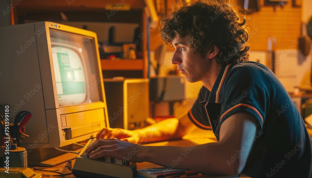 Nostalgic 90s home office scene with caucasian male engaged in vintage ...