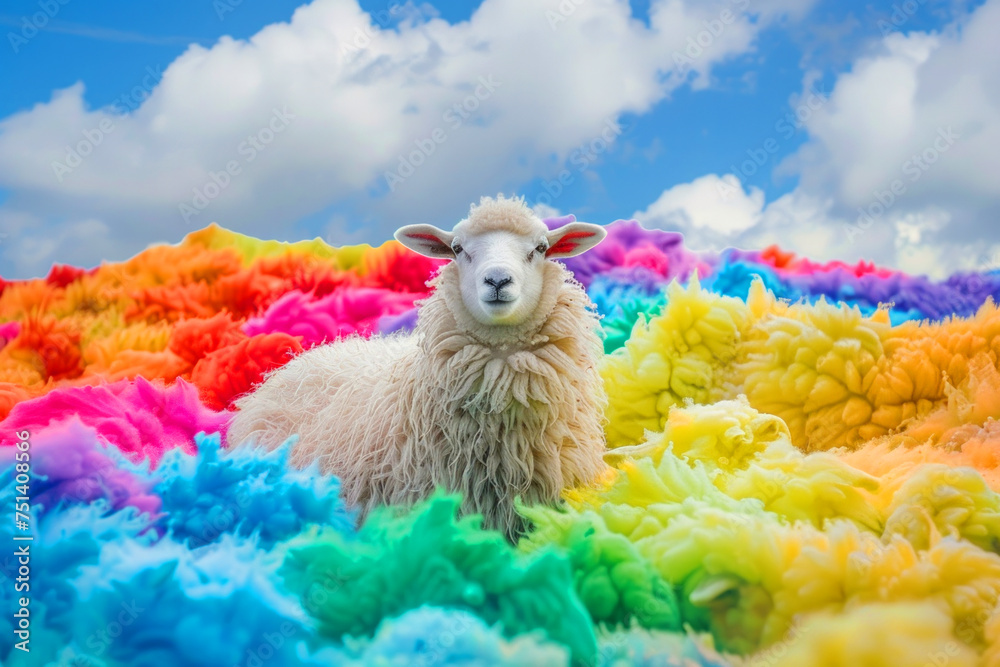 A herd of sheep with one white sheep standing out. The sheep are all ...