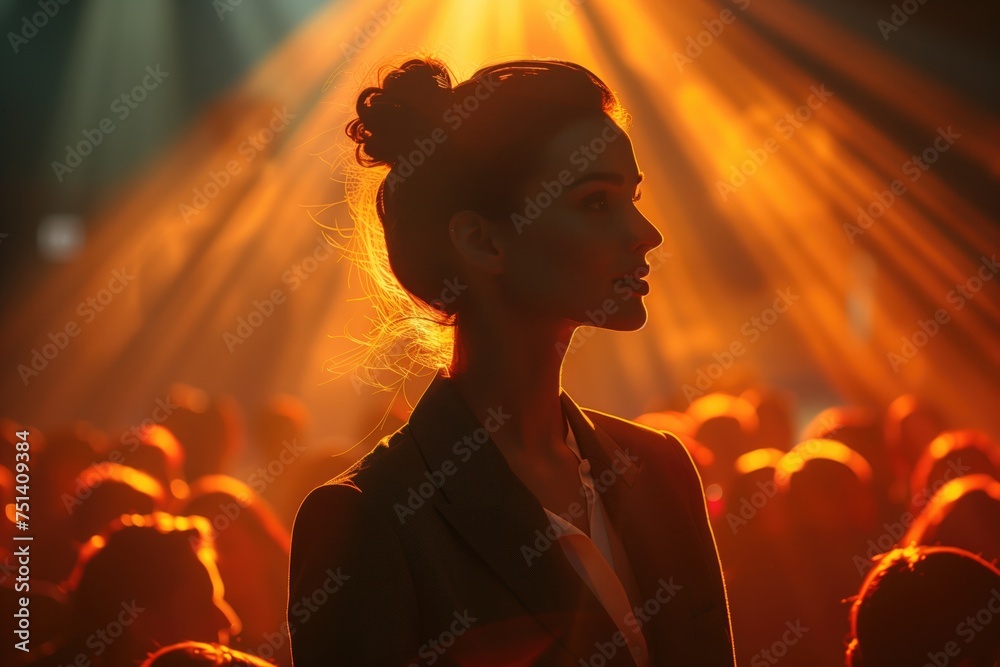 Dressed in an elegant suit, a woman stands proudly on stage amidst ...