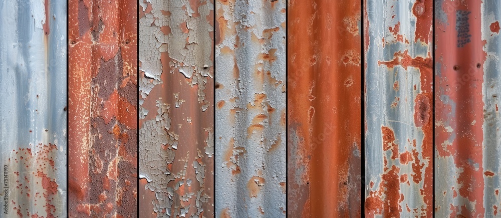 This close-up shot showcases a metal fence covered in rust, giving it a ...