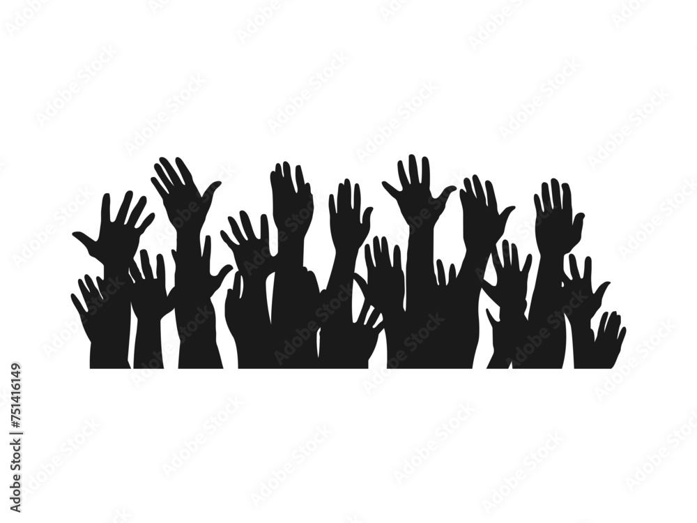 people raising hand silhouettes. Cheering crowd at a concert. People ...
