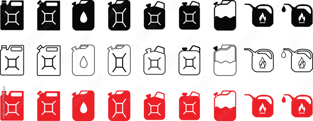 Set of Fuel can icons in flat styles with editable stock. Handle jerry ...