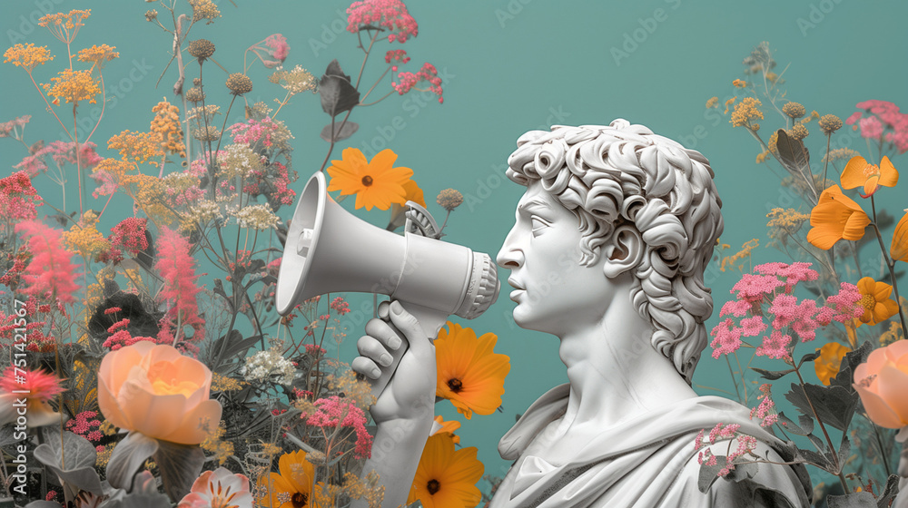 Artistic concep of ancient statue holding a megaphone on background ...