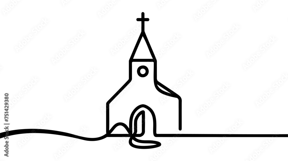 church continuous line. one line drawing of church, christian religious ...