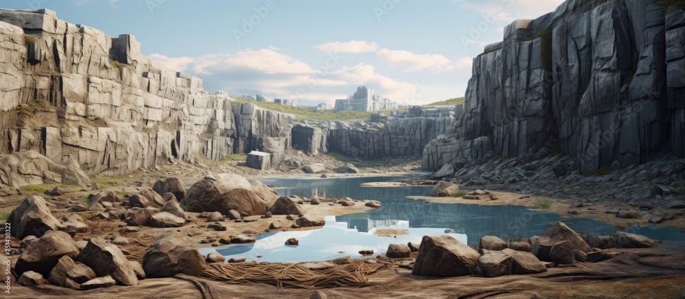 An oil painting depicting a deserted quarry with rocks and water. The ...