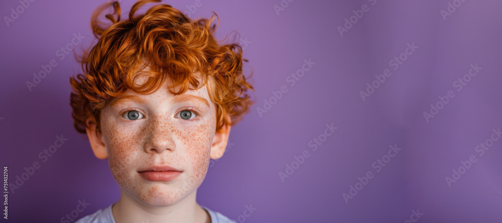 A boy with red hair and blue eyes is looking at the camera. He has a ...