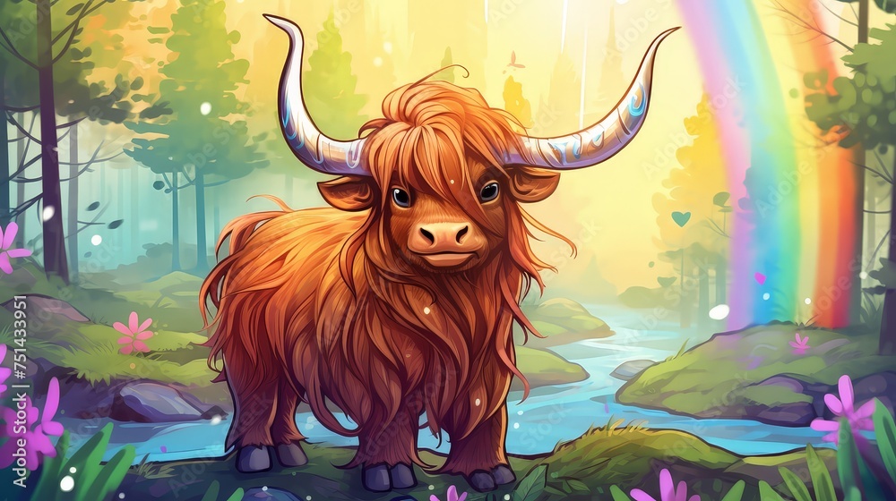 Highland cow with long flowing brown hair in a mystical forest ...