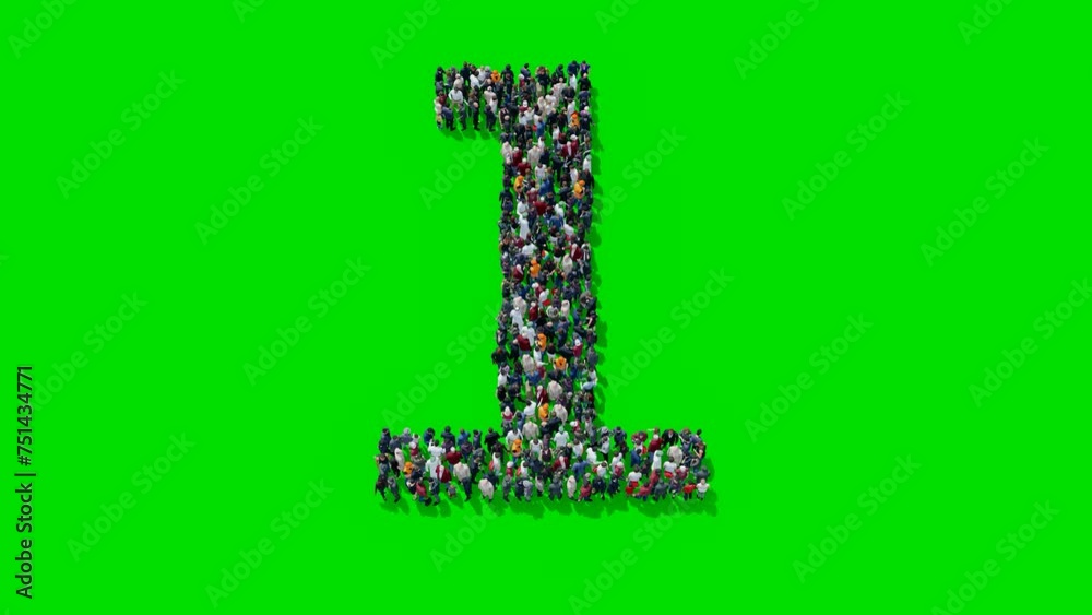 Number One Shape from the Crowd of People on Green Screen Background 3D ...