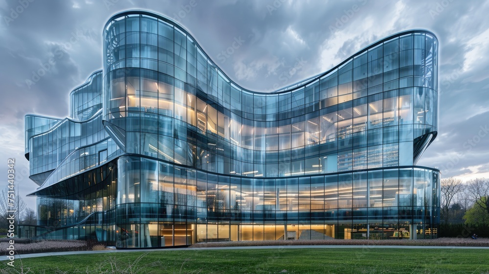 a glass office building inspired by a complicated labyrinth, parametric ...