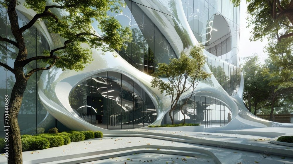 a glass office building inspired by a complicated labyrinth, parametric ...