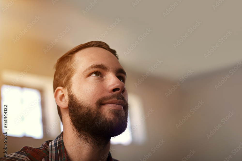 Thinking, memory and man with inspiration for ideas, reflection or ...