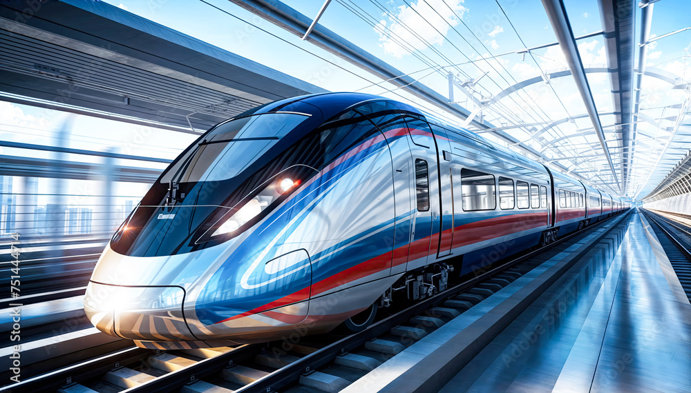 A sleek and futuristic high-speed train races through a modern station ...