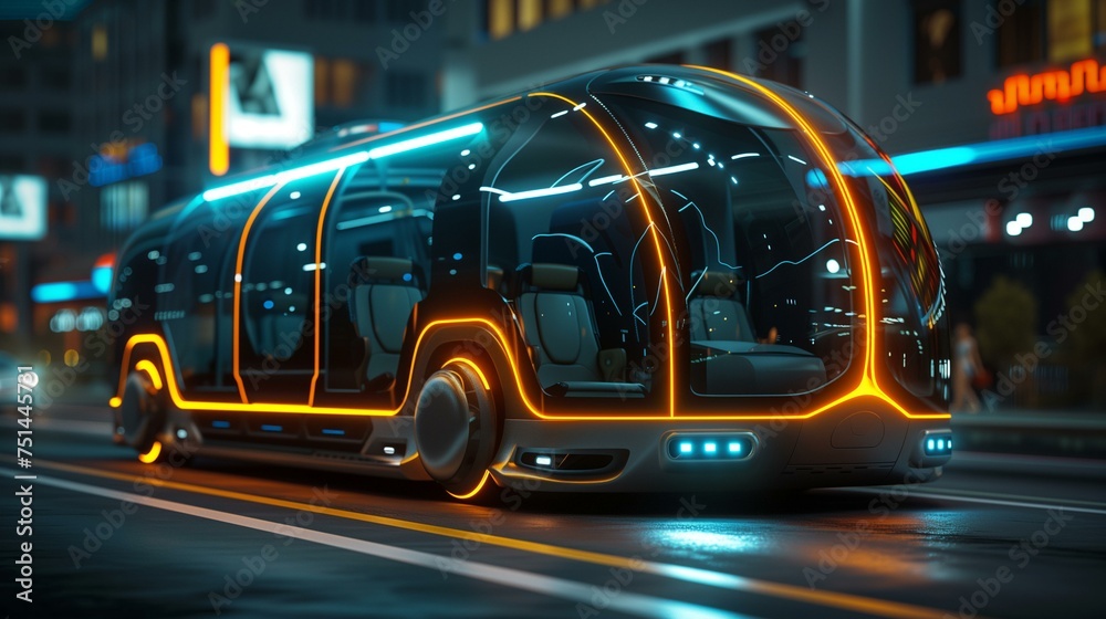 Futuristic Autonomous Shuttle Bus Glowing at Night Stock Illustration ...