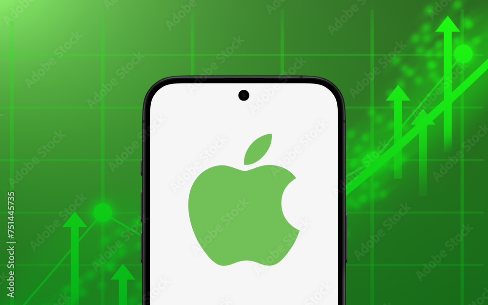 Apple logo displayed on a modern smartphone, rising graph with arrows ...