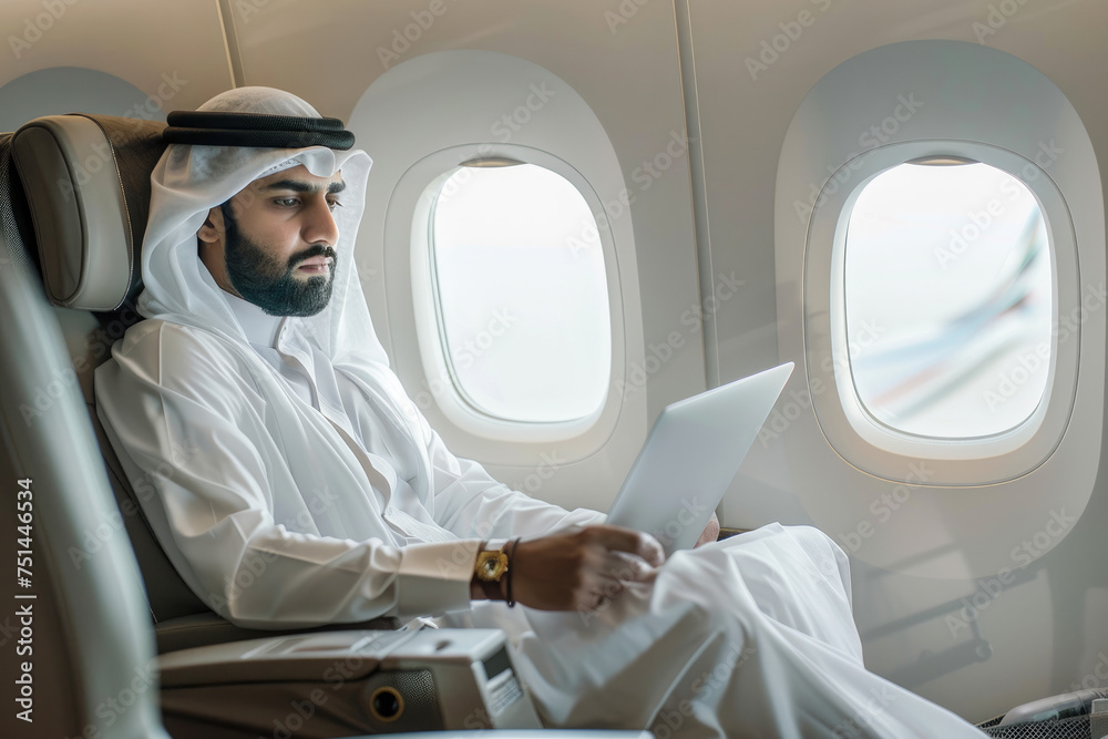 muslim businessman in white traditional outfit sitting in plane during ...