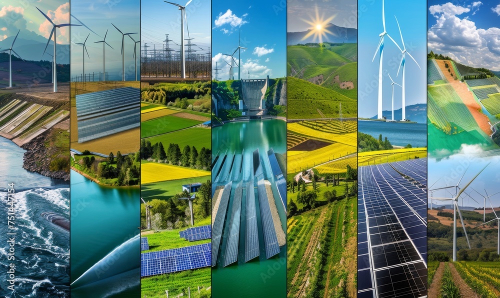 Collage of images representing different renewable energy sources, including solar panels, wind ...