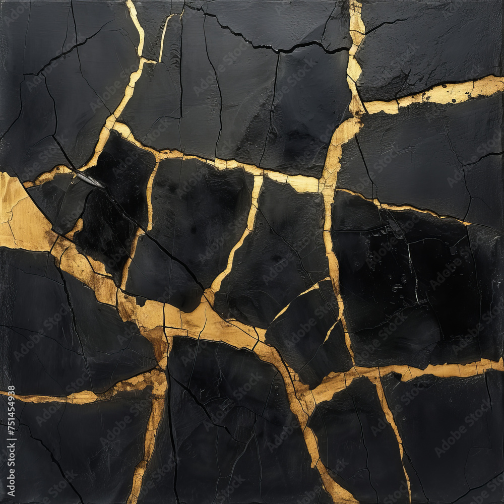 Kintsugi technique enhancing the beauty of black and gold cracked ...