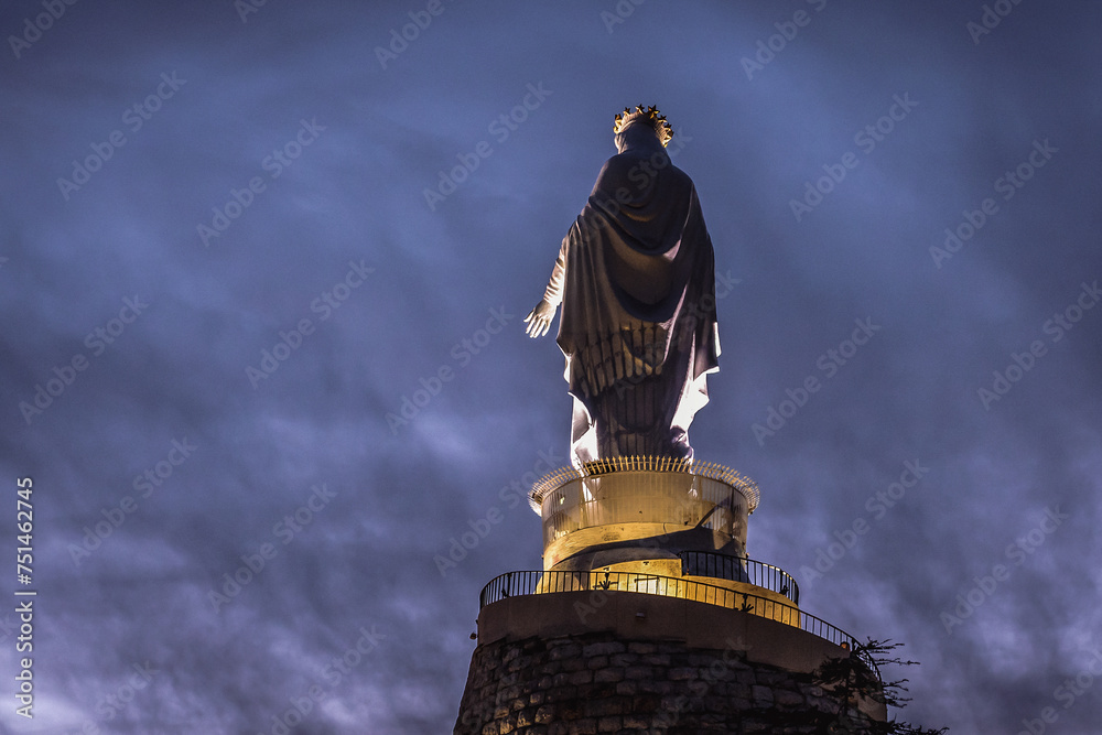 Evening view of statue in Shrine of Our Lady of Lebanon located in ...