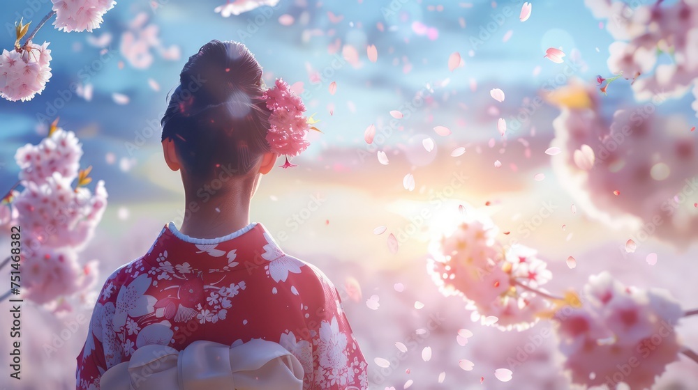 Spring season shoot of an asian woman wearing a kimono and falling ...