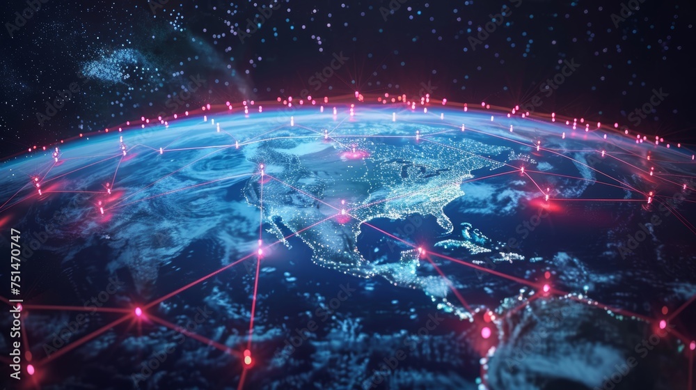 3D Illustration of Earth with Network Lines and Nodes Spanning Across ...