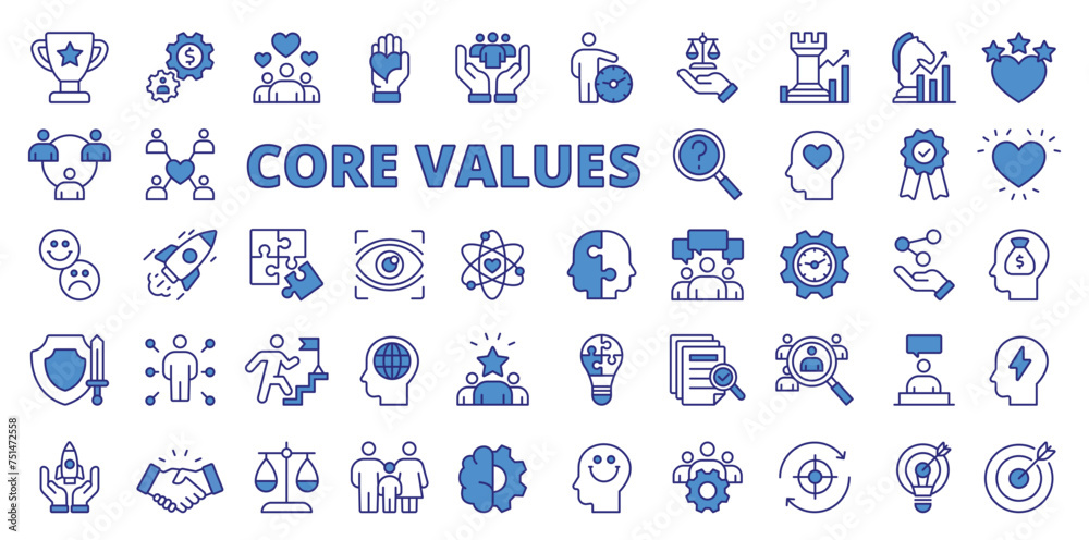 Core values icons in line design, blue. Growth, business, icons ...