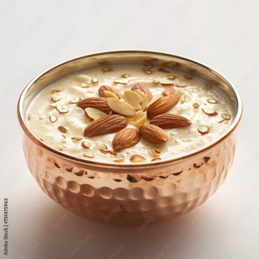 almond pudding in a copper bowl isolated on white background, diwali ...