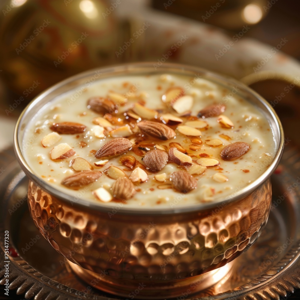 almond pudding in a copper bowl, diwali, indian food, nuts, almonds ...