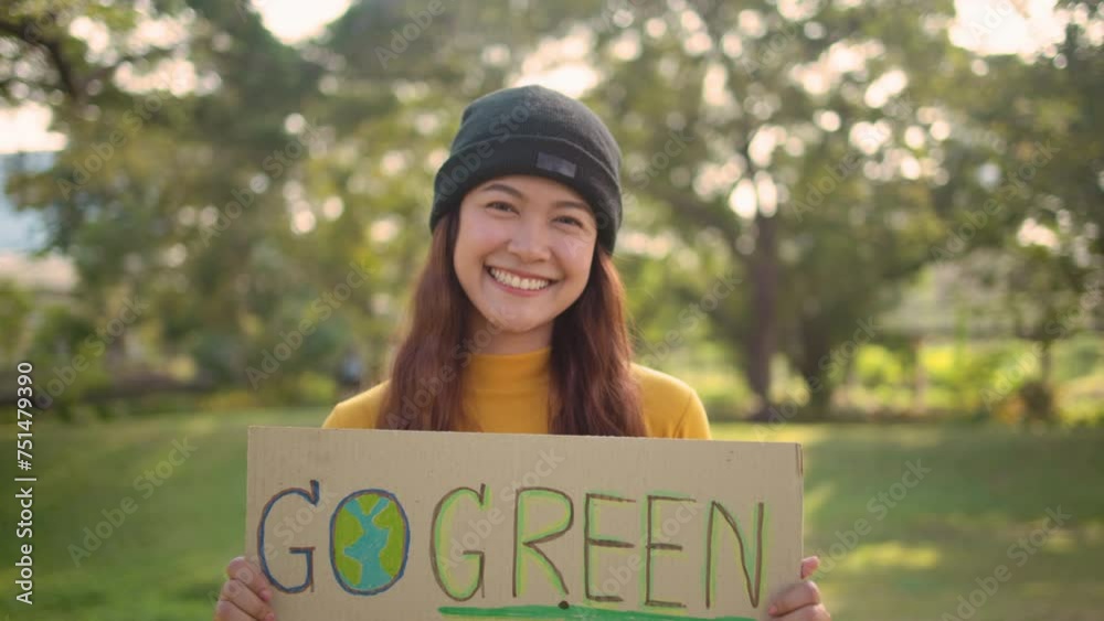 Go green Gen Z woman asia young people smile looking at camera showing ...