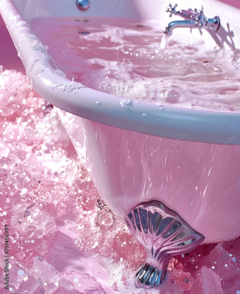 Pink bubble bath with sparkling water in a classic white bathtub, a ...