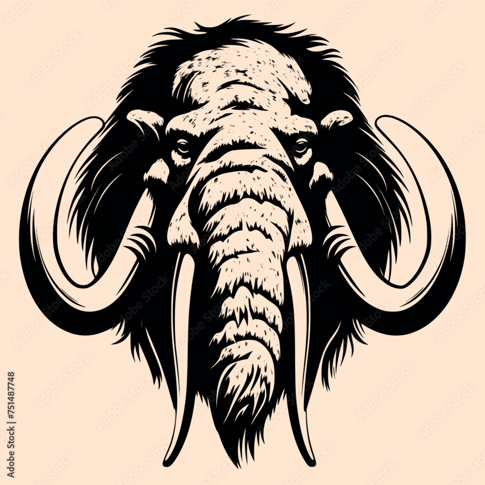 Black and White Mammoth Outline Silhouette Ornament Vector Art for Logo ...