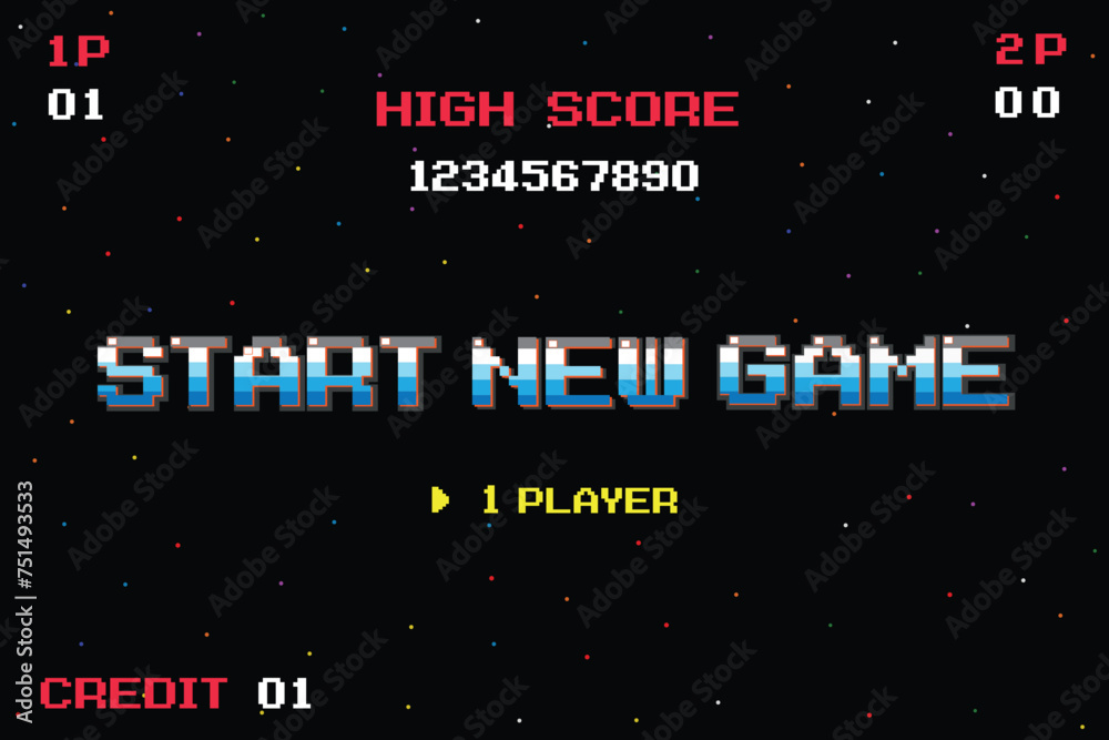 START NEW GAME with starry sky background. pixel art .8 bit game. retro game. for game assets in ...