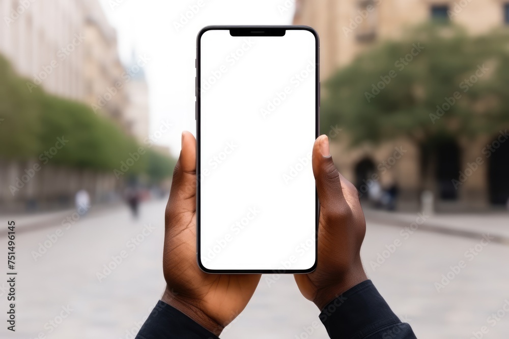 An individual holding a smartphone with a blank screen, ready for app ...