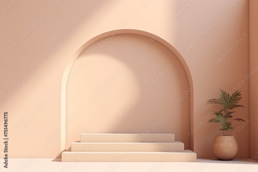 Elegant minimalist interior featuring a beige arched niche with steps ...