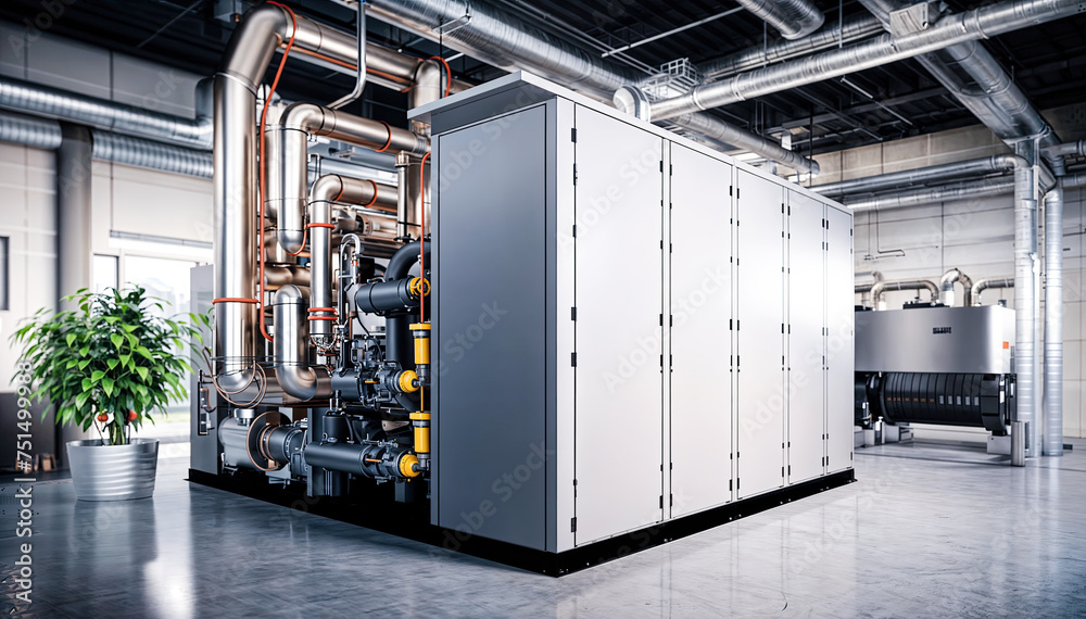 Large industrial air conditioning unit with pipes and electrical panels ...