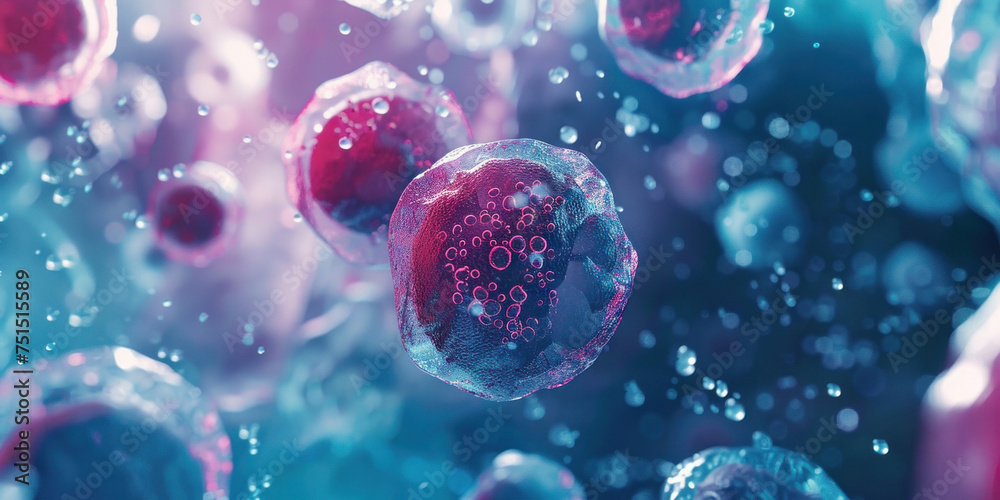 Group of red blood cells and water droplets on blue background, medical ...