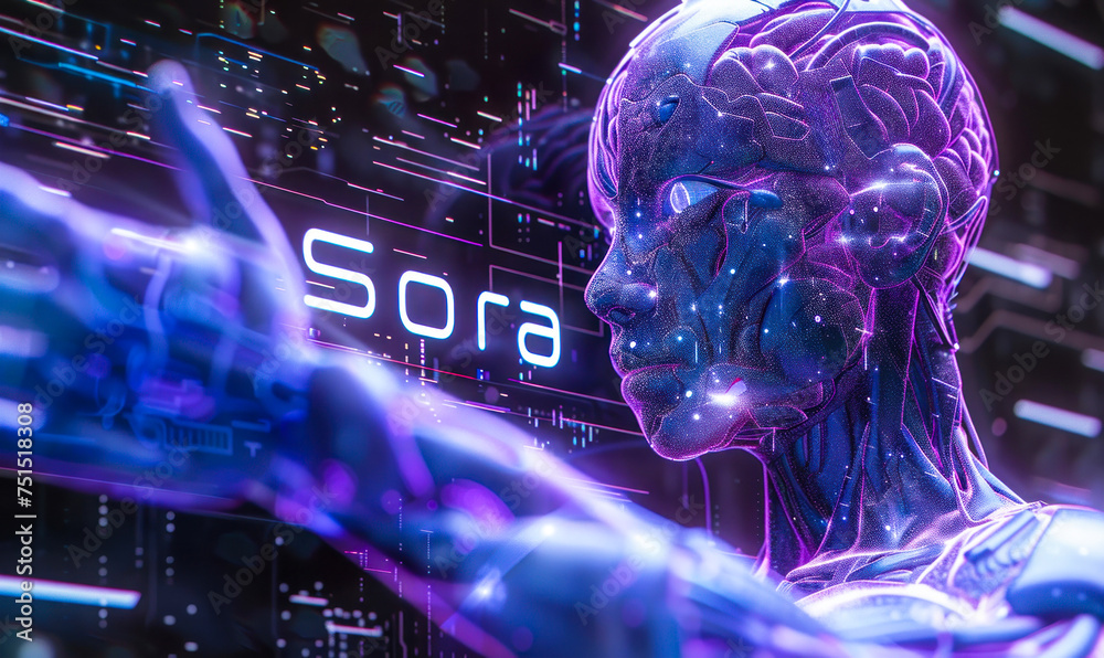 Futuristic digital representation of 'Sora,' a conceptual AI from OpenAI, displaying an ...
