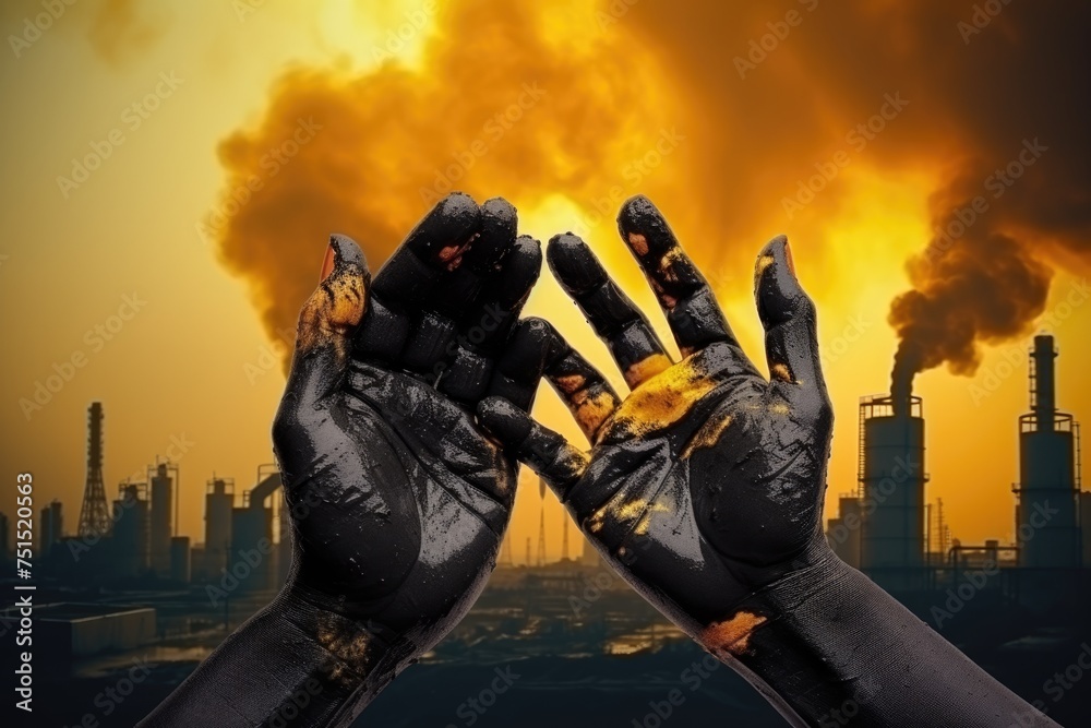 Grimy hands opened with a fiery industrial backdrop, a powerful symbol ...