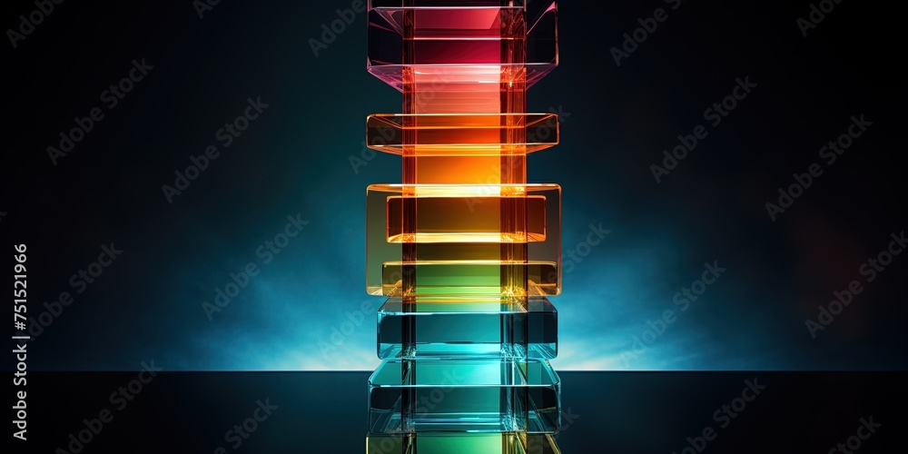 Glass tower. Thick colored glass slabs stacked in a tower on a dark ...