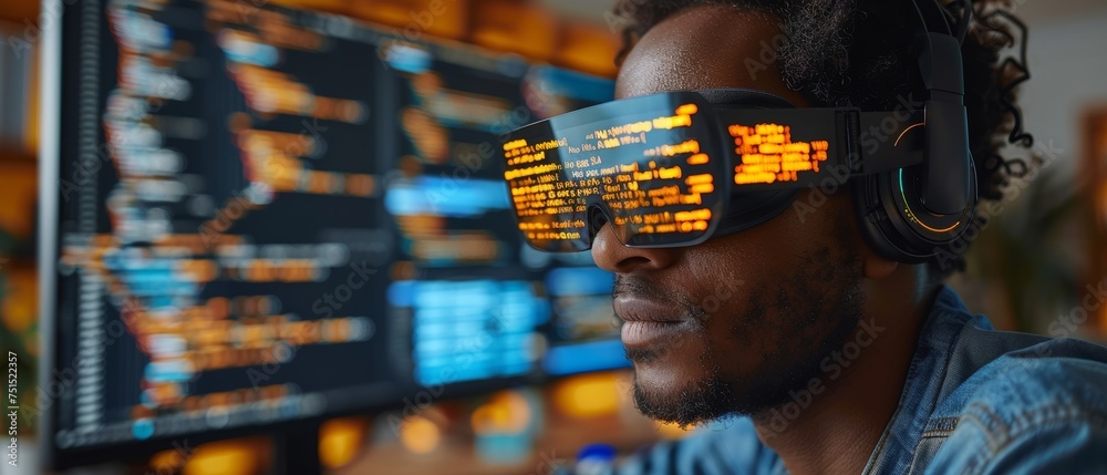 The computer coder in the headset codes the virtual program text in a 3D virtual environment ...