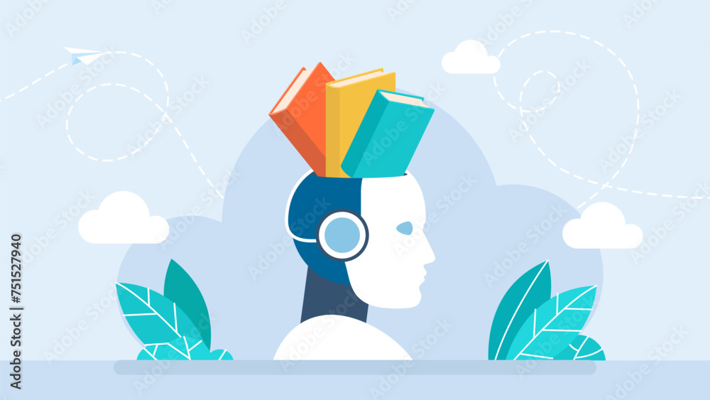 Improvement, self-development of AI. A giant robot head with books ...