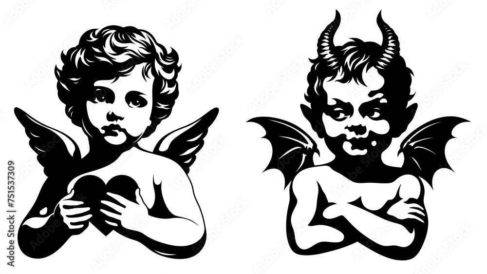 Angel holding a heart in his hands. Black and white illustration ...
