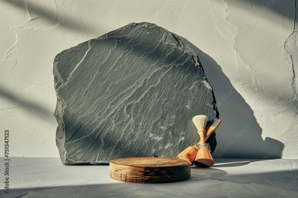 Artistic shaving station setup with stone slab backdrop, wooden bowl ...