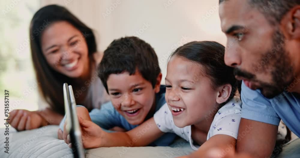 Tablet, funny family and selfie on bed in home for photo, social media ...