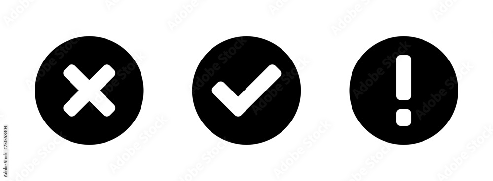 Black Yes or OK and No or Declined and Problem or Warning Flat Icon Set ...